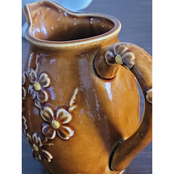 Unmarked | Dining | Floral Creamer Syrup Pitcher Pottery Brown Glaze ...